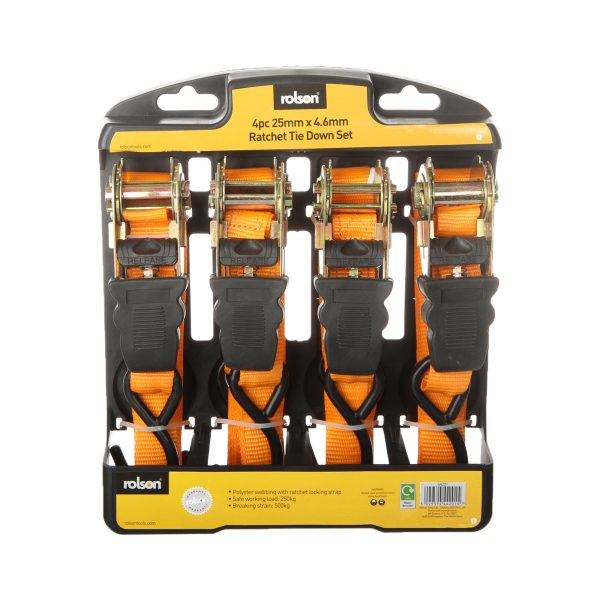 Rolson 4 Piece Ratchet Tie Down Set 25mm x 4.5m | BatteryPower-Zone